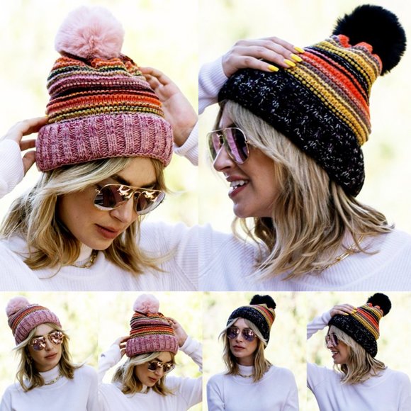 Styline | Accessories | New Multi Color Marled Striped Pom Pom Fur ...